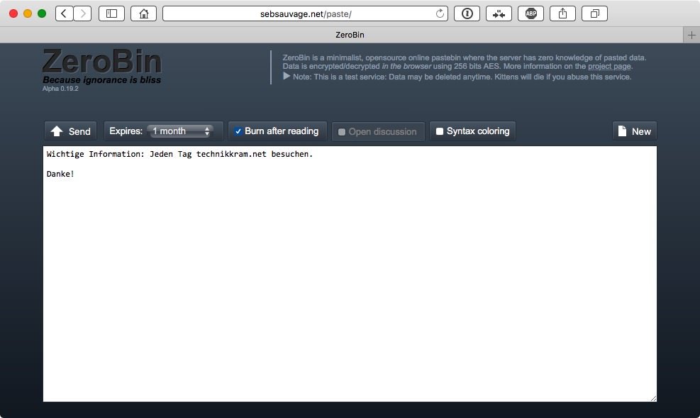 Sensible Informationen wie Passwörter mit ZeroBIN sicher übermitteln – technikkram.net
